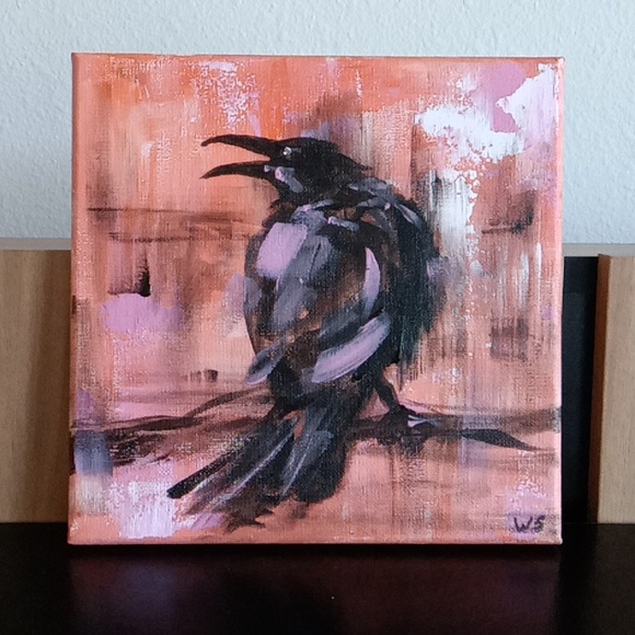 Art | Original Crow Painting On Stretched Canvas 88 In Black Bird Pink ...
